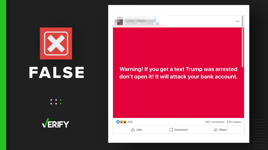 False warning claims 'Trump arrested' text hacks bank accounts | 13wmaz.com