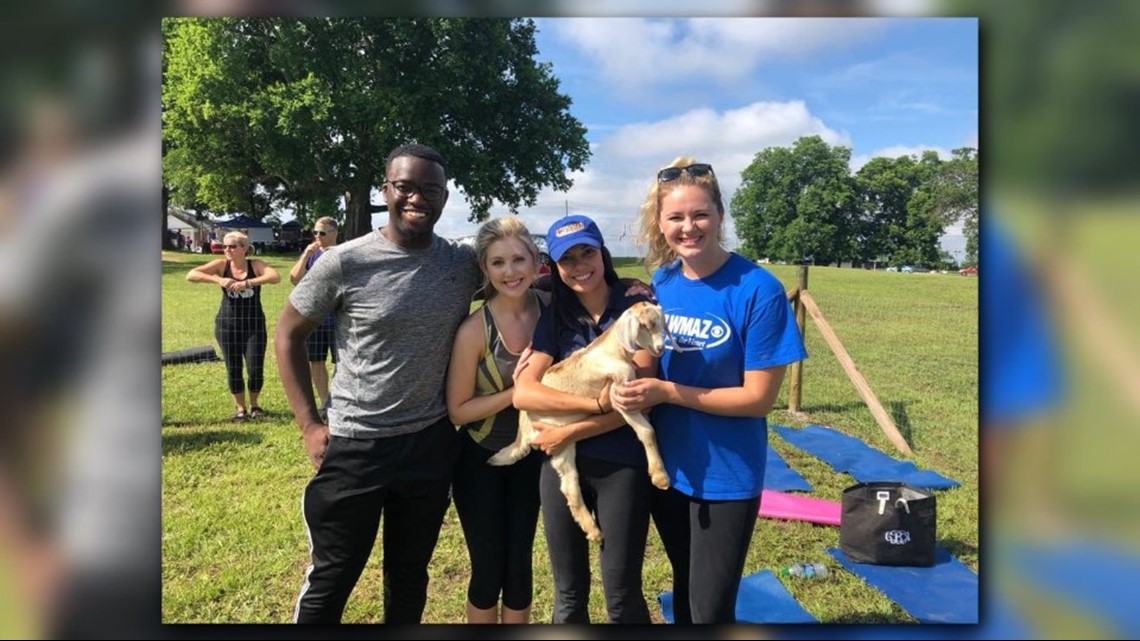 WMAZ staff experiences 'goat yoga' at Center Park in Centerville ...