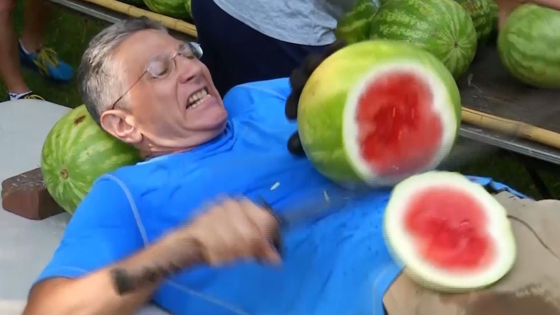 Man goes a cut above, chops 26 watermelons on his gut with sword ...