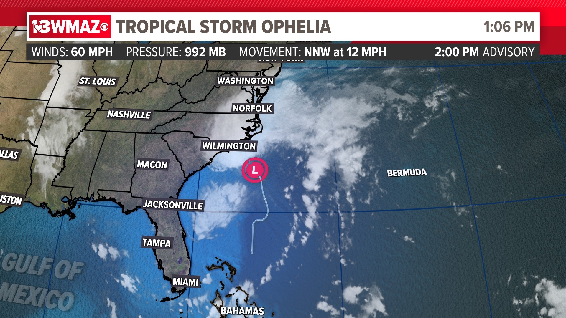 9/22 2 p.m. Update: Tropical Storm Ophelia has formed off | 13wmaz.com