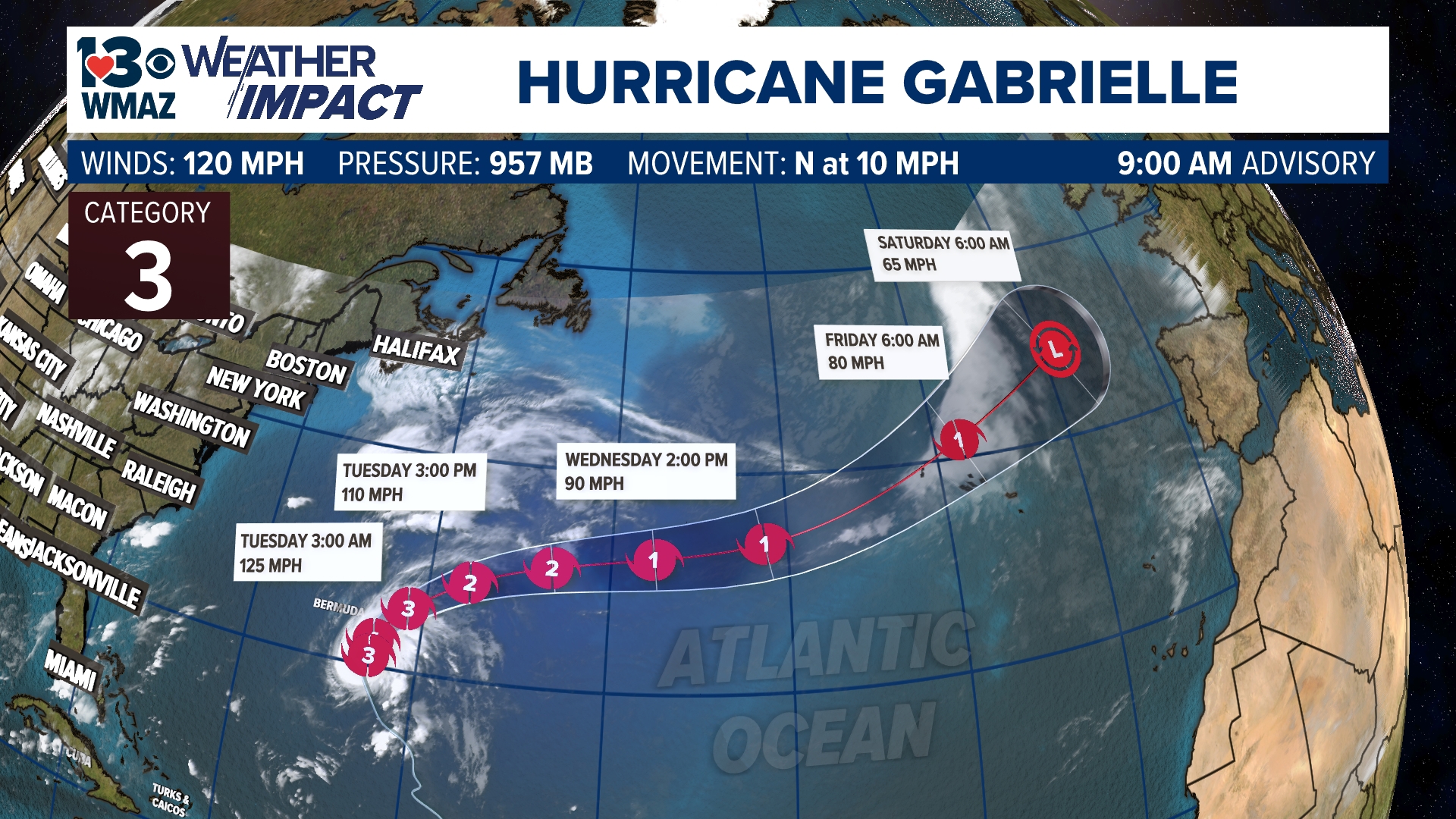Hurricane Gabrielle forms near Bermuda, intensifies | 13wmaz.com