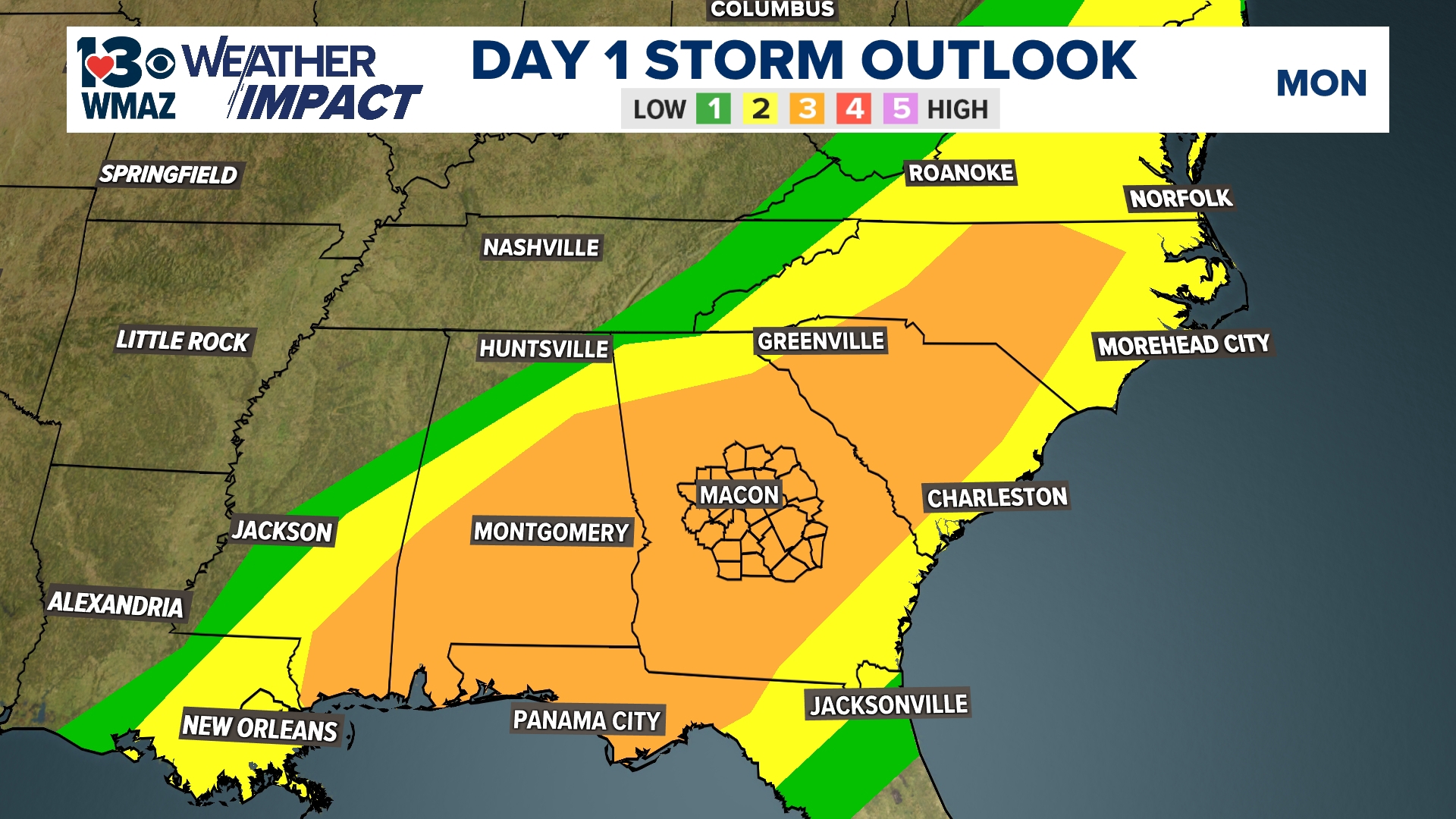Central Georgia braces for severe storms Monday | 13wmaz.com