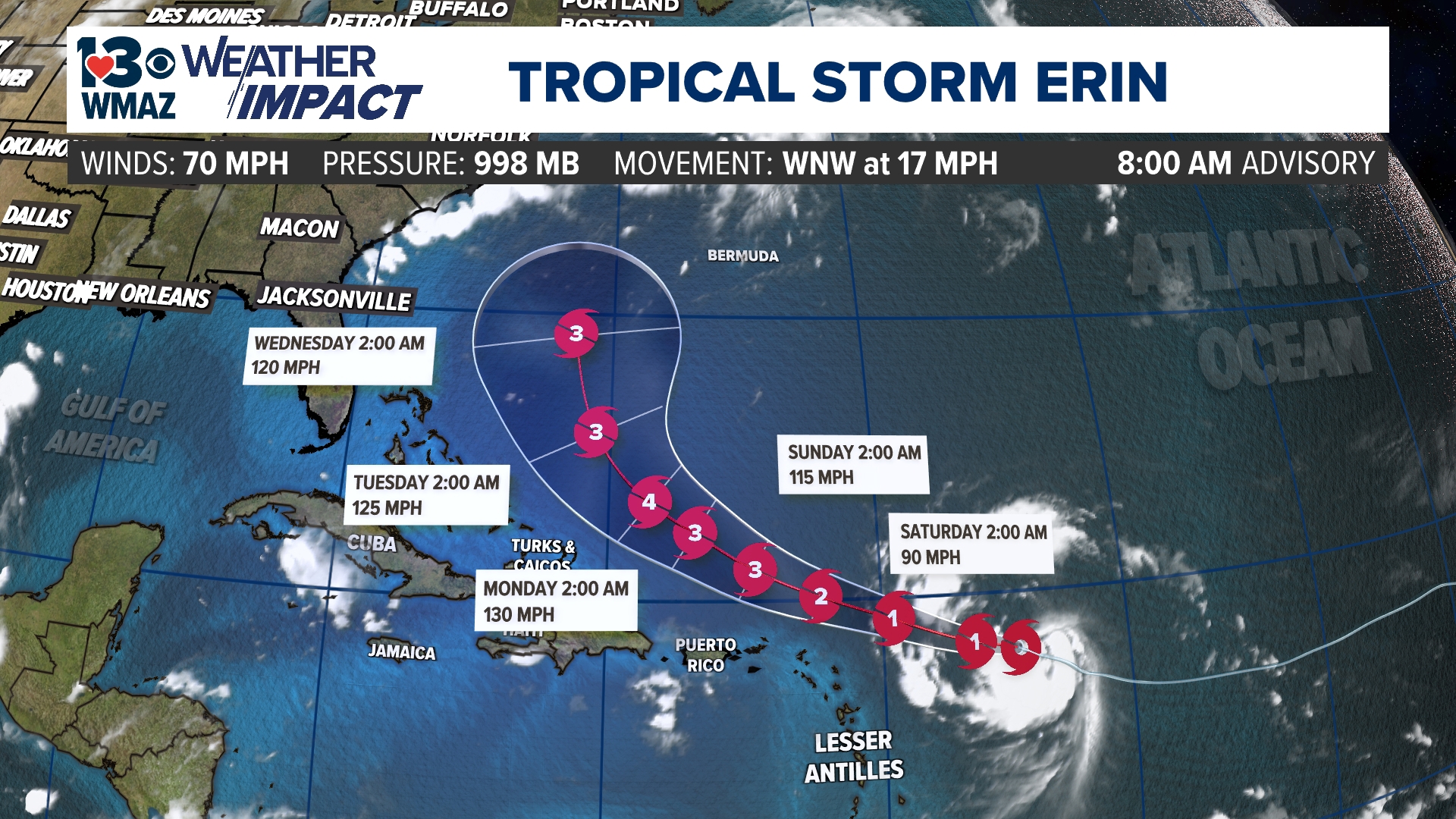 Tropical Storm Erin expected to become Hurricane Erin today | 13wmaz.com
