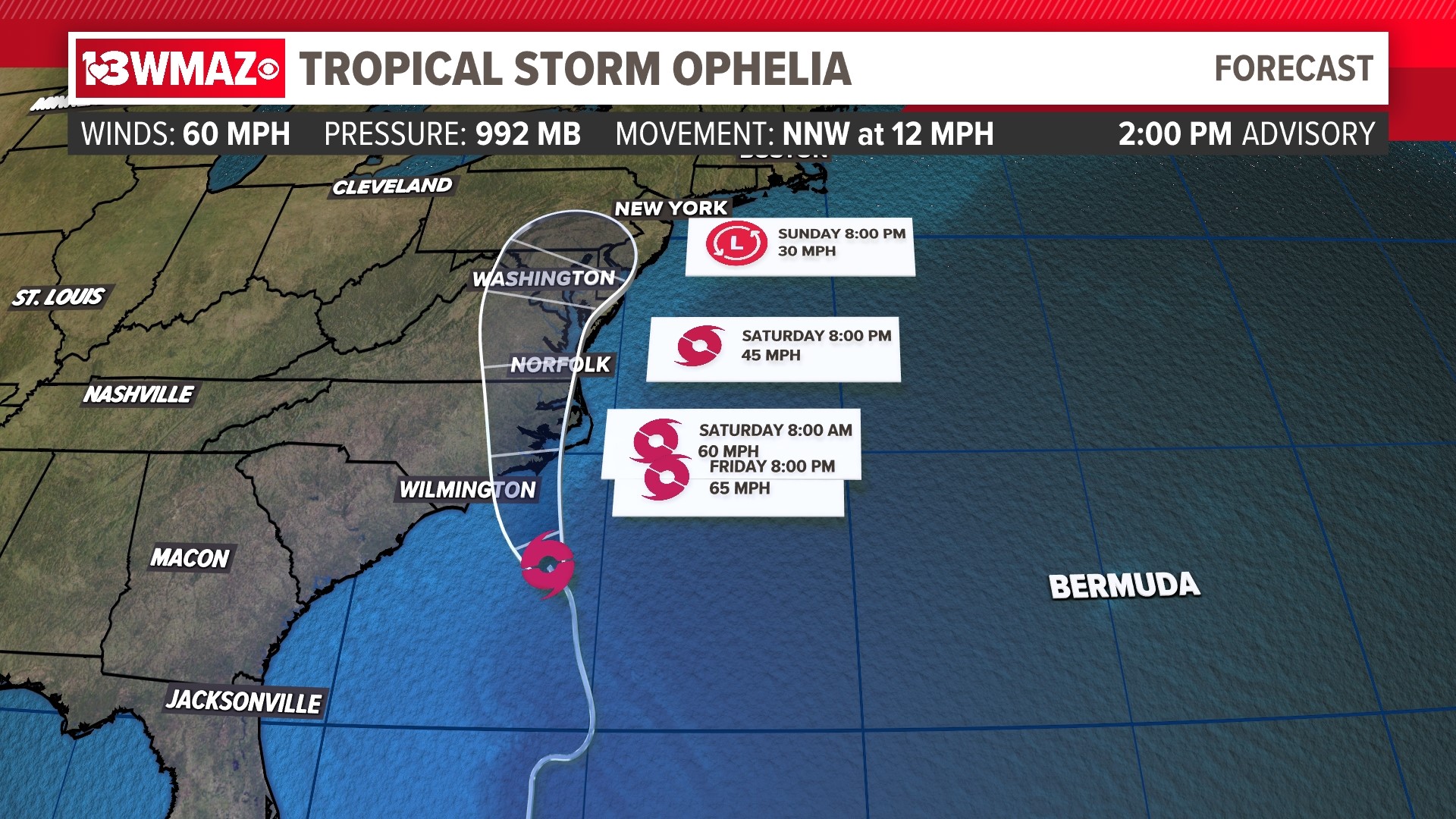 9/22 2 p.m. Update: Tropical Storm Ophelia has formed off | 13wmaz.com