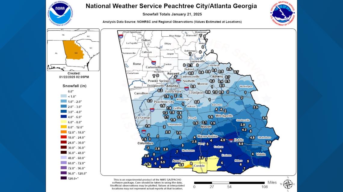 County-by-county: How much snow did Central Georgia get? What the data ...