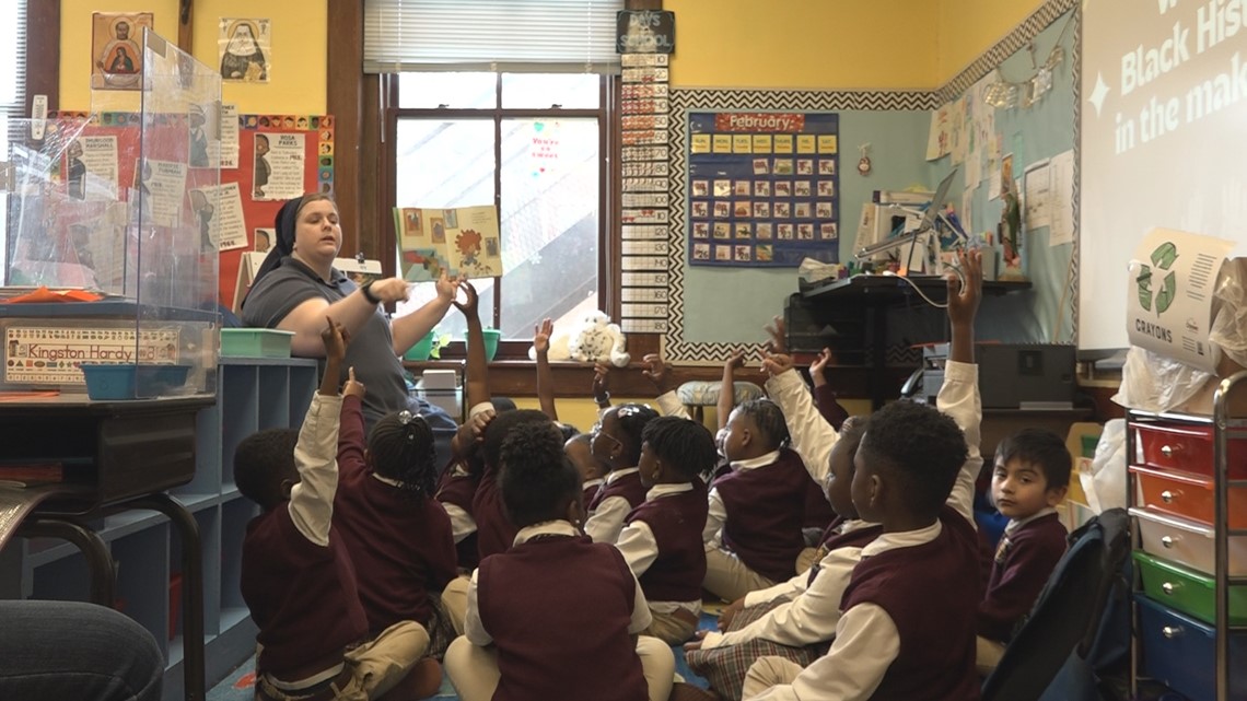 Sister Kate McFall teaches sign language to kindergartners | 13wmaz.com