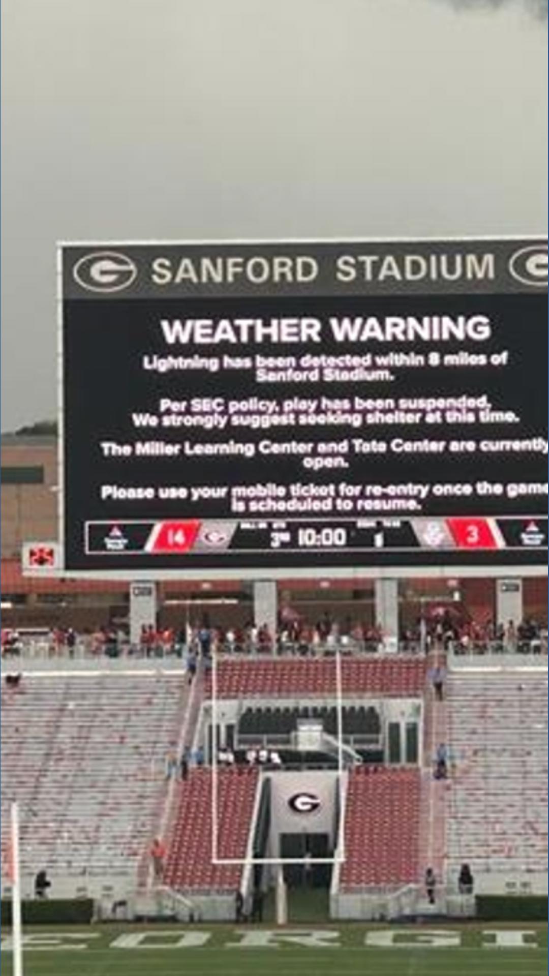 Georgia game goes into lightning delay at halftime | 13wmaz.com