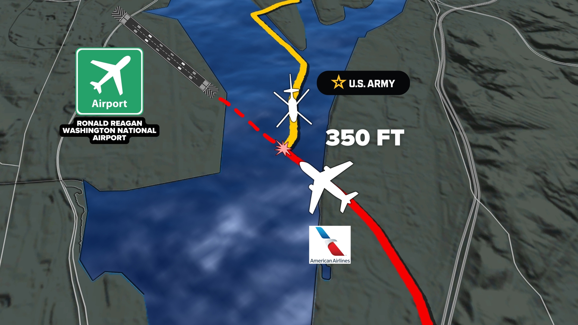 Flight path of the American Airlines plane and U.S. Army helicopter ...